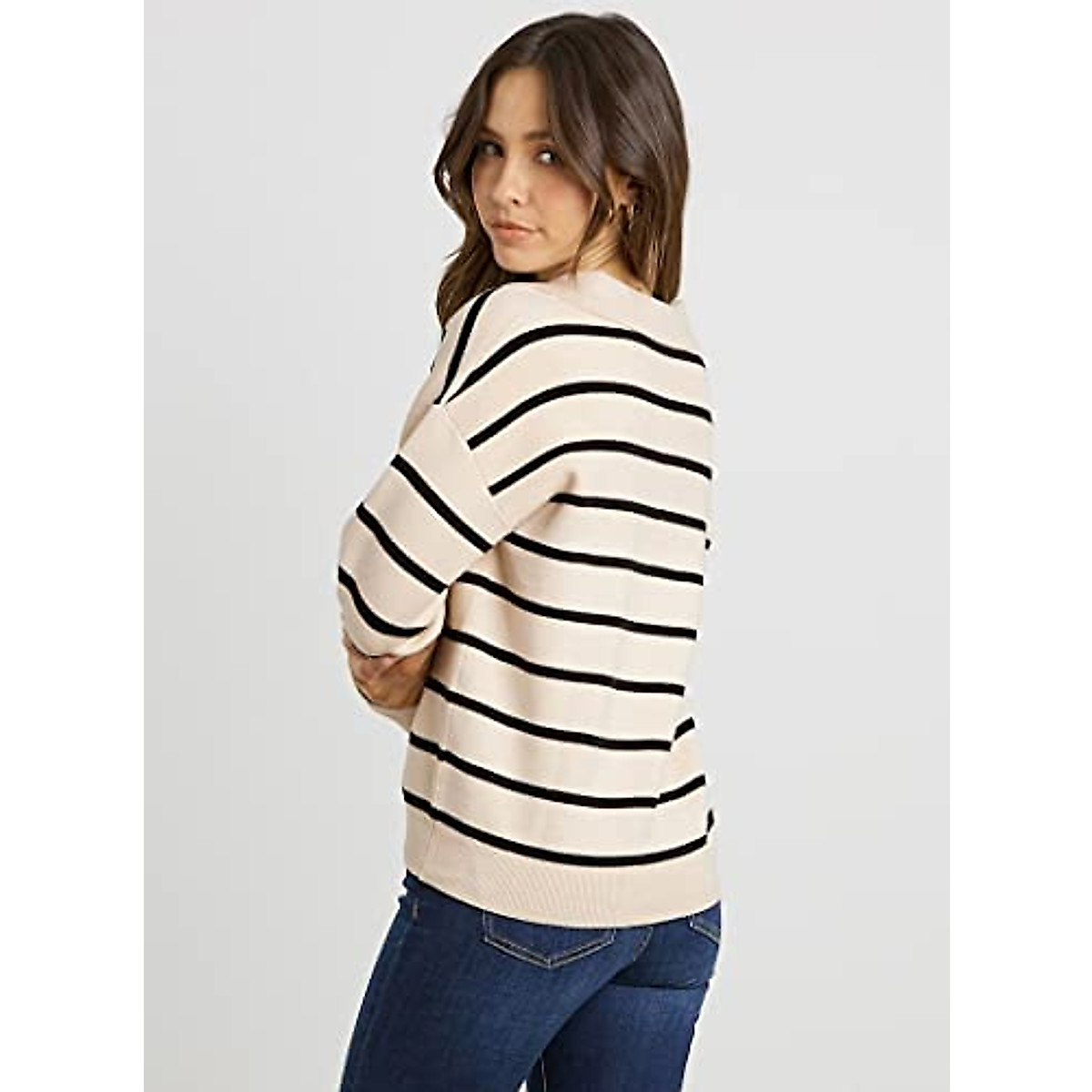 CFLONGE Women's Fall Winter Casual Breton Striped Long Sleeve Polo V Neck Pullover Sweater Loose Fit Drop Shoulder Knitted Shirts Tops(Small,Apricot)
