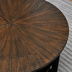 MODERION Round Coffee Table with Storage Shelf, Farmhouse Living Room Cocktail Black Metal Legs, Circular Solid Wood Center Tea Table, Sofa 35.3-''Dx17.8-''H, Natural Brown KFZ1338NC