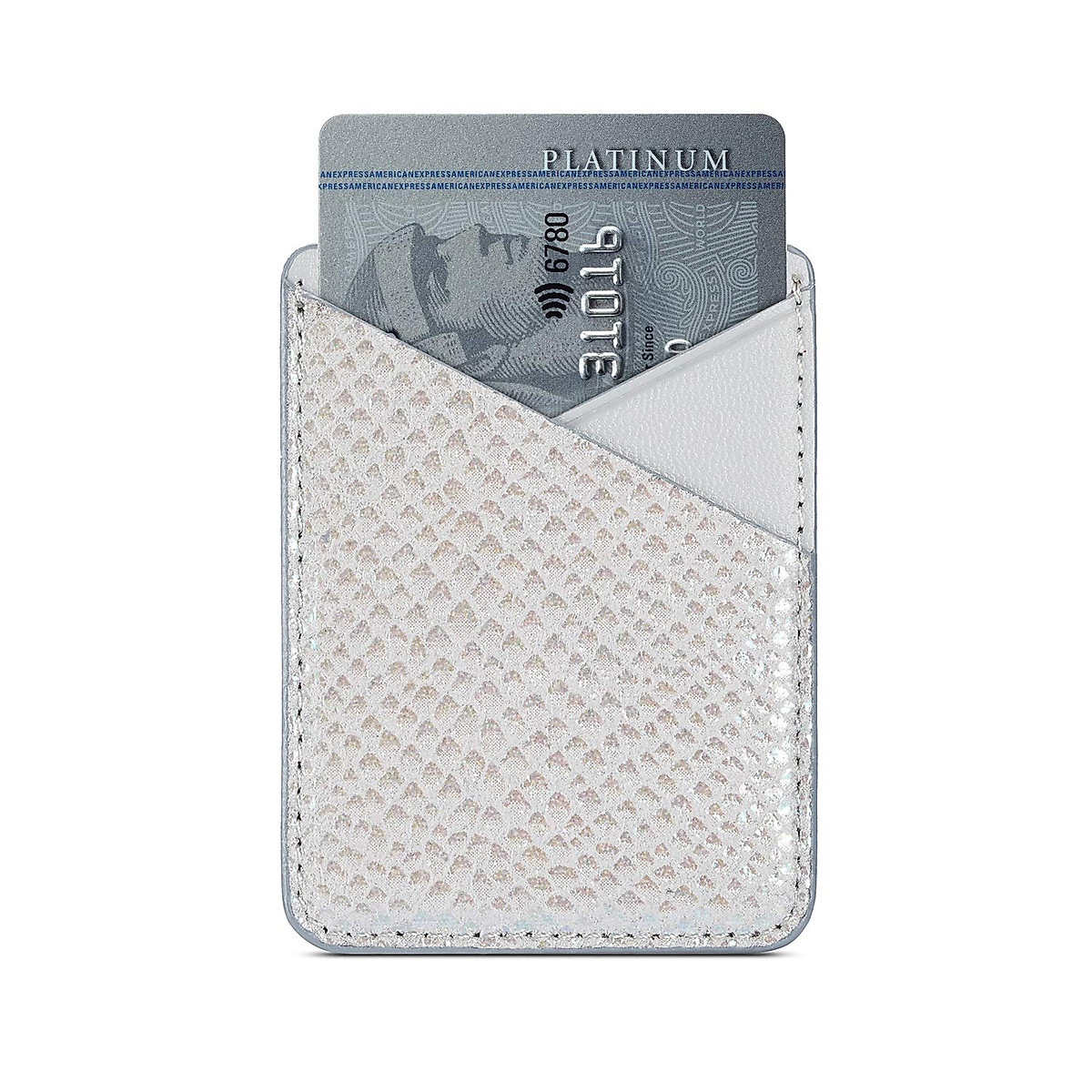 LUVI Phone Wallet Sticker Card Holder for Phone Case Credit Card Holder for Back of Phone Pocket Sleeves Stick on PU Leather Wallet with Glossy Snake Skin Silver