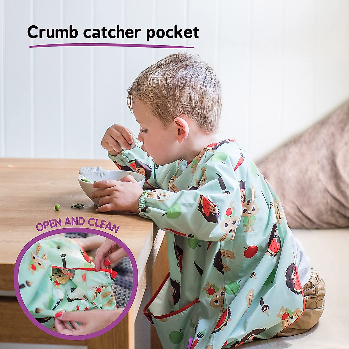 Tidy Tot - Long Baby Bib - Mess Proof Long Sleeve Feeding Smock with Large Food Catcher Pocket - Waterproof Bib – Machine Washable. Fits 6-24 months - Purple