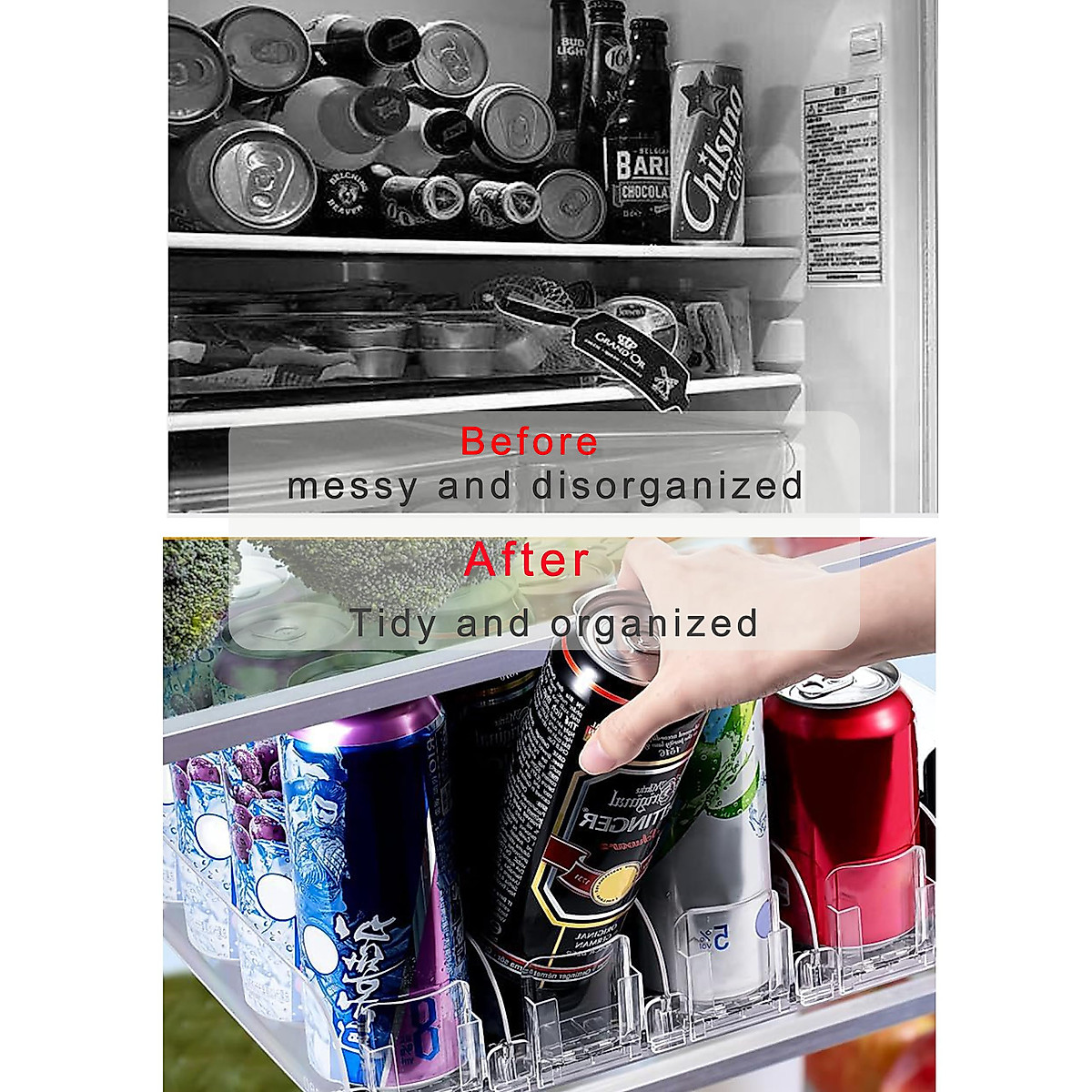 Drink Organizer for Fridge, Soda Can Beverage Dispenser Display Self- Pusher Glide Fridge Organizers - Holds Up to 12 Cans (310mm, White- baffle)