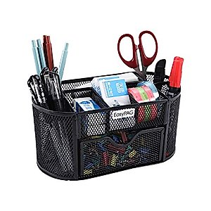 EasyPAG Desk Organizer Mesh Desktop Office Supplies Multi-functional Caddy Pen Holder Stationery with 8 Compartments and 1 Drawer,Black