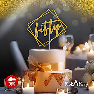 Fifty Cake Topper Gold Glitter, Modern Design 50 Birthday, Days, Months, Anniversary Party Decoration Ideas, Premium Quality, Sturdy Doubled Sided Glitter, Acrylic Stick. Made in USA