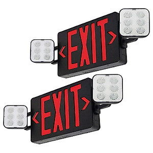 LFI Lights | UL Certified | Hard Wired | LED Exit Light Combo | 180° Adjustable Head Lamps | Black Housing | Red Lettering | 2 Pack | COMBOLGRBBBx2