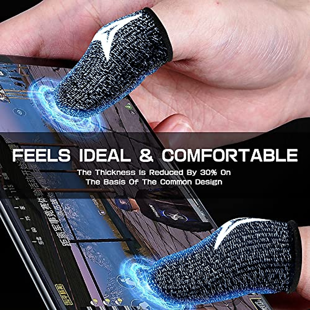 Gaming Finger Sleeves for Mobile Gaming, 0.3mm Silver Fiber, Smooth Operation, Anti-Sweat, Extremely Thin, Nuozme Finger Sleeves Fit Mobile Phone Tablet Devices, 8 PCS (Black)