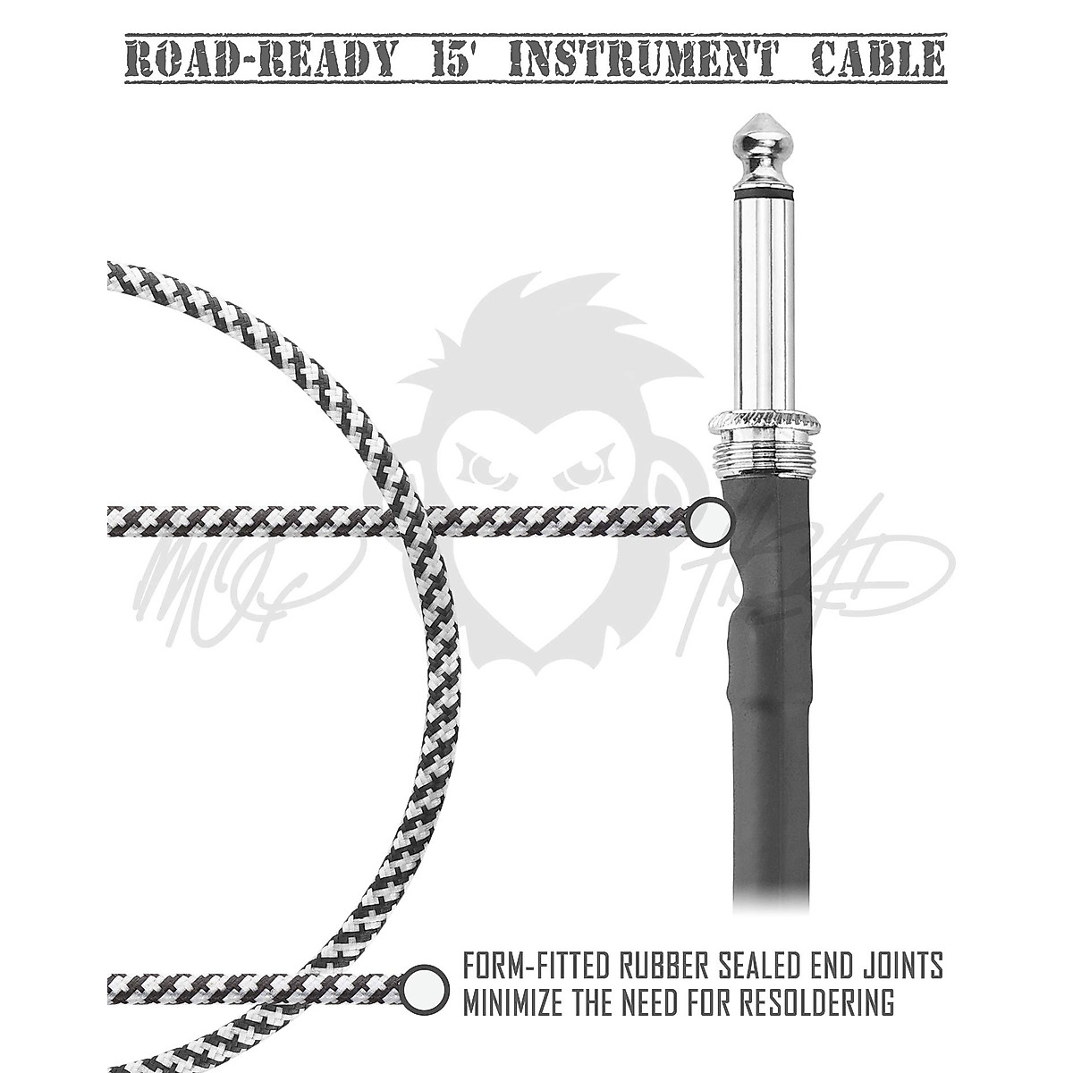 Mophead 15-Foot Guitar Instrument Cable - 1/4 Inch TS to 1/4 Inch TS Right Angle Pro Grade Double Insulated Tweed Braided for Electric Guitar, Bass, Amp, Keyboard (Black and White)