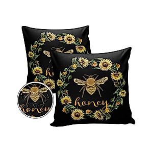 Vandarllin Outdoor Throw Pillows Covers 18X18 Set of 2 Waterproof Floral Sunflower Wreath Decorative Zippered Lumbar Cushion Covers for Patio Furniture, Bee Honey Black