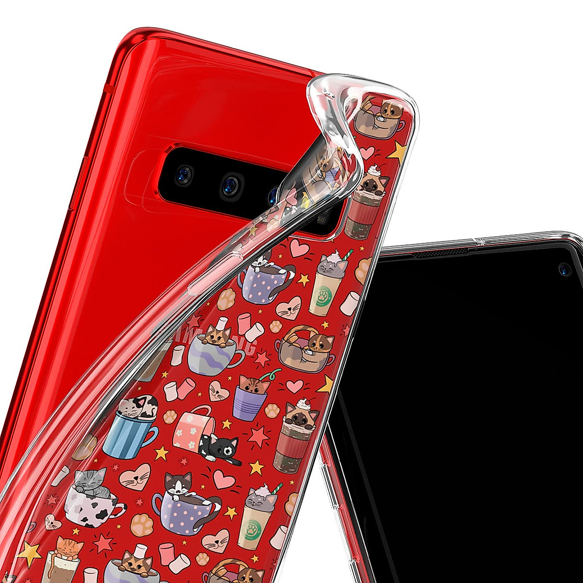 Generic Slim TPU Phone Case Compatible with Samsung Galaxy A72 A71 5G A70 A51 A32 A21 A11 A12 A01 Durable Kittens Cute Clear Soft Protective Shockproof Paws Kawaii Cover Cats Silicone Pet Coffee Cups