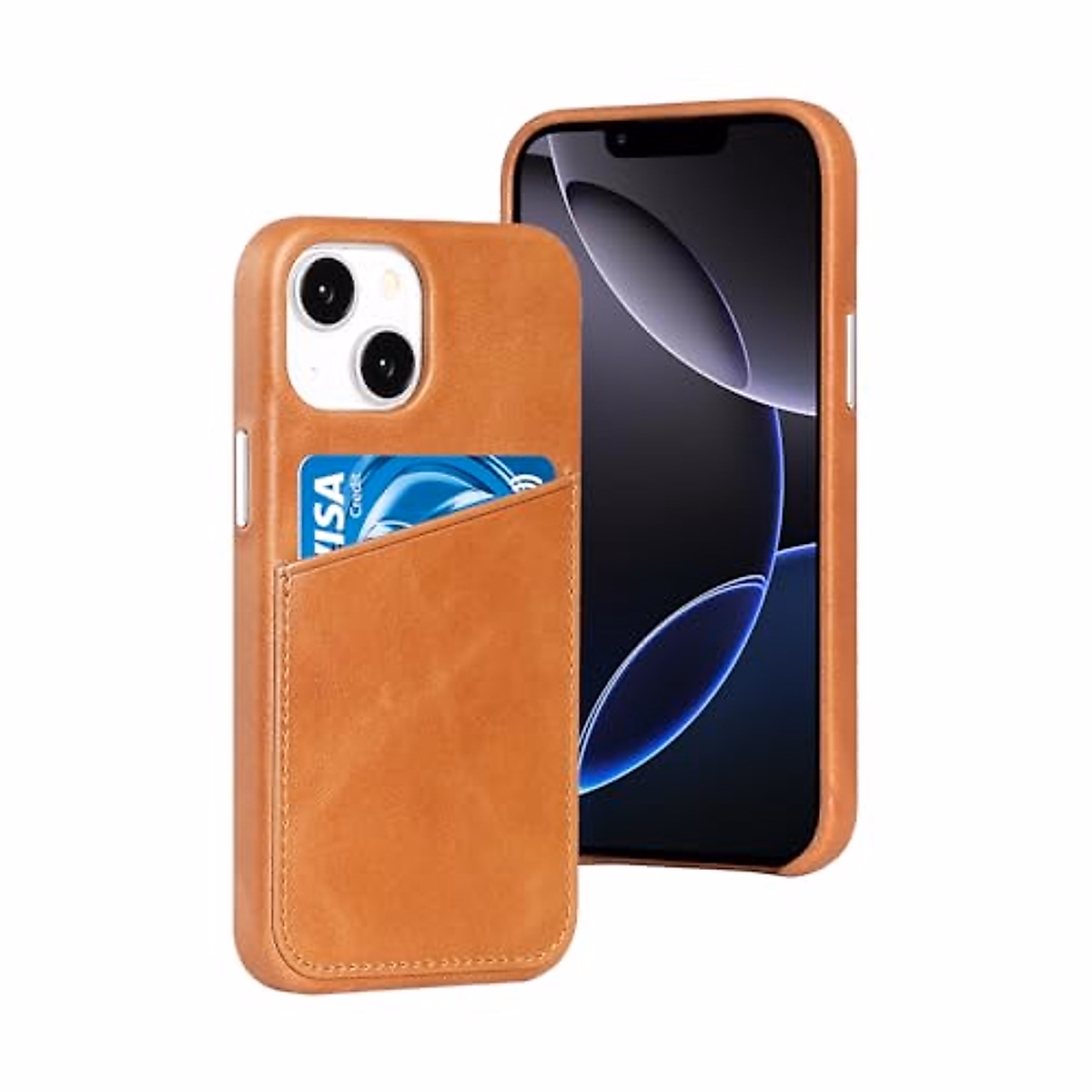 LUCKYCOIN Genuine Leather Wallet Phone Case for iPhone 13 Mini, Phone Purse with Credit Card Holder, Compatible with iPhone 13 Mini,Metal Button Bumper Protective Shockproof Cover TAN