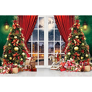 Laeacco 8x6FT Christmas Photography Backdrop Polyester Christmas Window View Red Curtain Background Xmas Trees White Horse Santa Gifts Merry Christmas Party Decor Banner Portrait Photo Studio Shoot