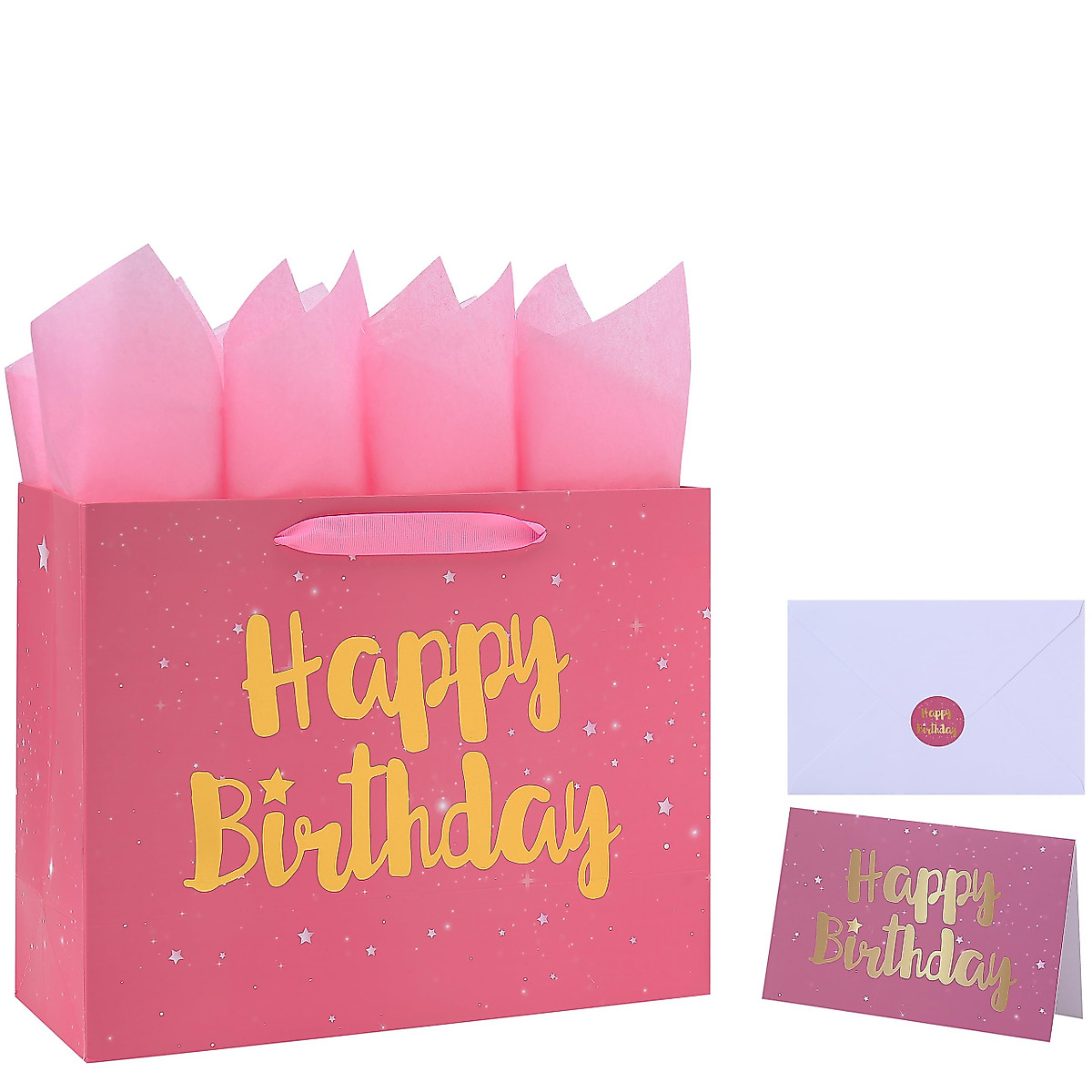 13" Large Pink Gift Bag Set with Greeting Card and Tissue Papers (Stars and Gold Foil ‘Happy Birthday’) for Women's Party, Girls' or Kids' Birthday Parties, Baby Girl, Baby Shower - 13”x5.2”x10.2”, 1 Pcs.