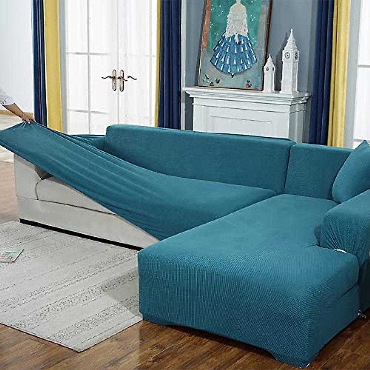 OQOPO Velvet Plush L-Shaped Sofa Cover L-Shaped Sectional Sofa Cover,1 2 3 4 5 Seater Stretch Sofa Cover for Pets Dogs Non-Slip Furniture Protector with Elastic Bottom-Lake Blue 4 Seater 235-300cm