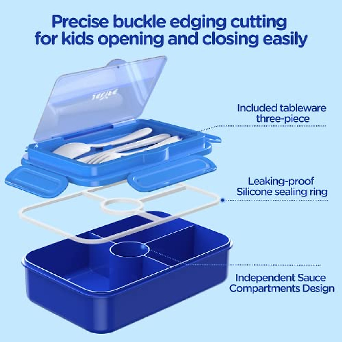 Jelife Bento Lunch Box for Kids - Leakproof Large Bento-Style Bento Boxes with 4 Compartments Portions Lunch Box with Tableware for Kids Back to School, Reusable On-the-Go Meal and Snack Packing, Blue