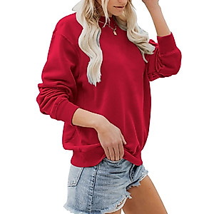 Womens Casual Crewneck Sweatshirts Long Sleeve Loose Fit Soft Pullover Tops Red