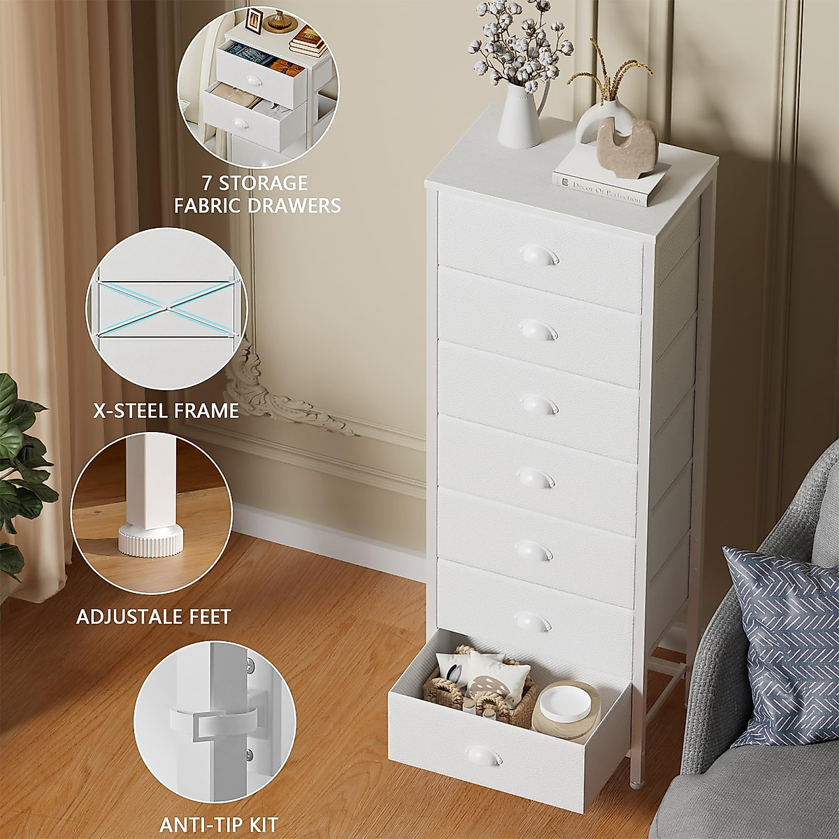 Furnulem White Tall Dresser for Bedroom with 7 Drawers, Vertical Chest of Drawers in Closet, End Table, Nightstand Storage Tower Unit Organizer with Fabric Bins for Dorm,Living Room,Entryway,Hallyway