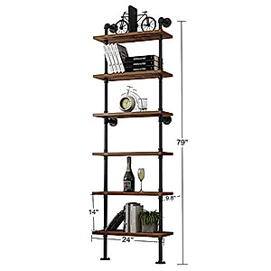 HOMEKAYT Industrial Pipe Shelf Rustic Wood Wall Shelf Ladder Bookshelf Wall Mounted Storage Decor Shelf for Home, Office, Living Room(6-Tier)-Black