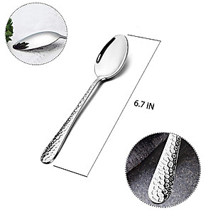 E-far Stainless Steel Teaspoons Set of 12, Modern Hammered Silverware Flatware Dessert Spoons for Home, Kitchen, Restaurant, Round Edge & Mirror Polished, Dishwasher Safe - 6.7 Inches