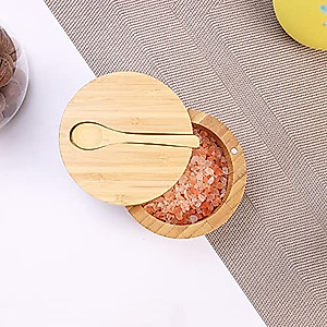 Bamboo Salt Cellar with Mini Spoon by HTB, Kitchen Salt Box with Swivel Magnetic Closure Lid, Round Salt Container to Storage Pepper Spice Bath Salt Sea Salt