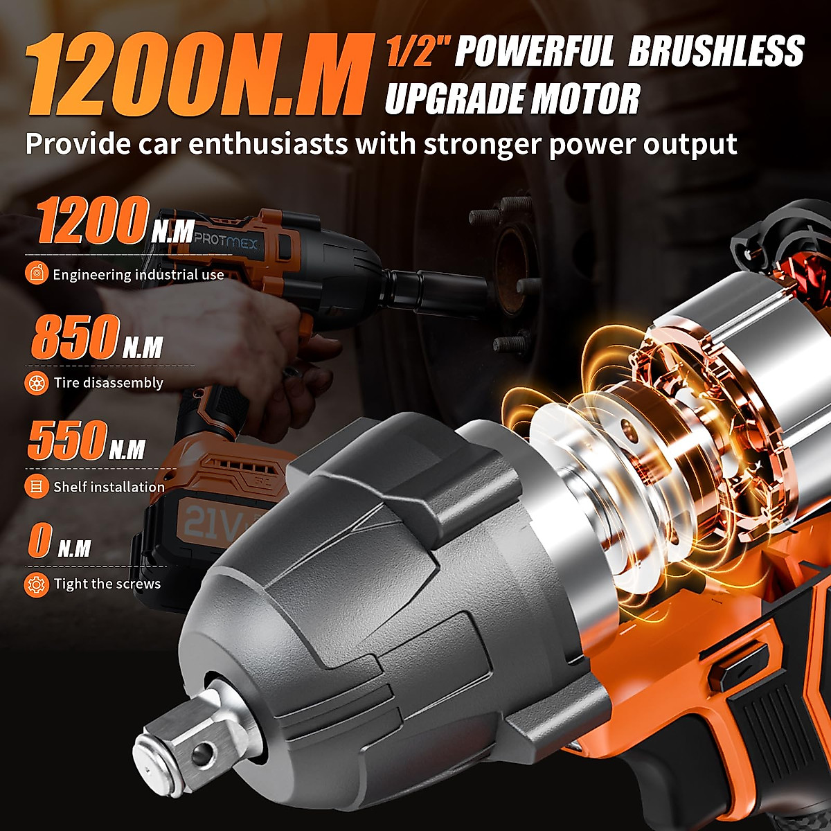 Cordless Impact Wrench, 900Ft-lbs (1200N.m) 1/2" Brushless Impact Gun, 21V High Torque Power Impact Driver, 2x4.0Ah Batteries Electric Impact Motor Variable Speeds for Car/Truck RV/Mower
