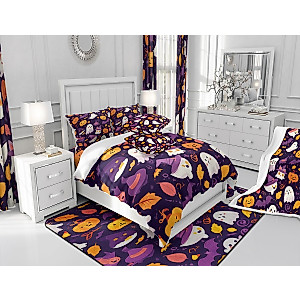 Feelyou Happy Halloween Duvet Cover Halloween Bedding Set for Kids Boys Girls Pumpkin Lantern Comforter Cover Witch Hat Ghost Bedspread Cover Bedroom Collection 3Pcs Full Size