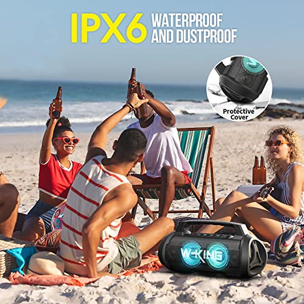 W-KING Portable Loud Bluetooth Speakers with Subwoofer, 70W Waterproof Party Outdoor Speakers Bluetooth Wireless, Deep Bass/Hi-Fi/Dynamic Light/Mic Port/42H Play/EQ/DSP/Power Bank/TF/AUX/Large Speaker