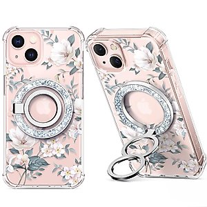 GVIEWIN Bundle - Compatible with iPhone 13 Case (Magnolia/White) + Magnetic Phone Ring Holder (Glitter/Silver)