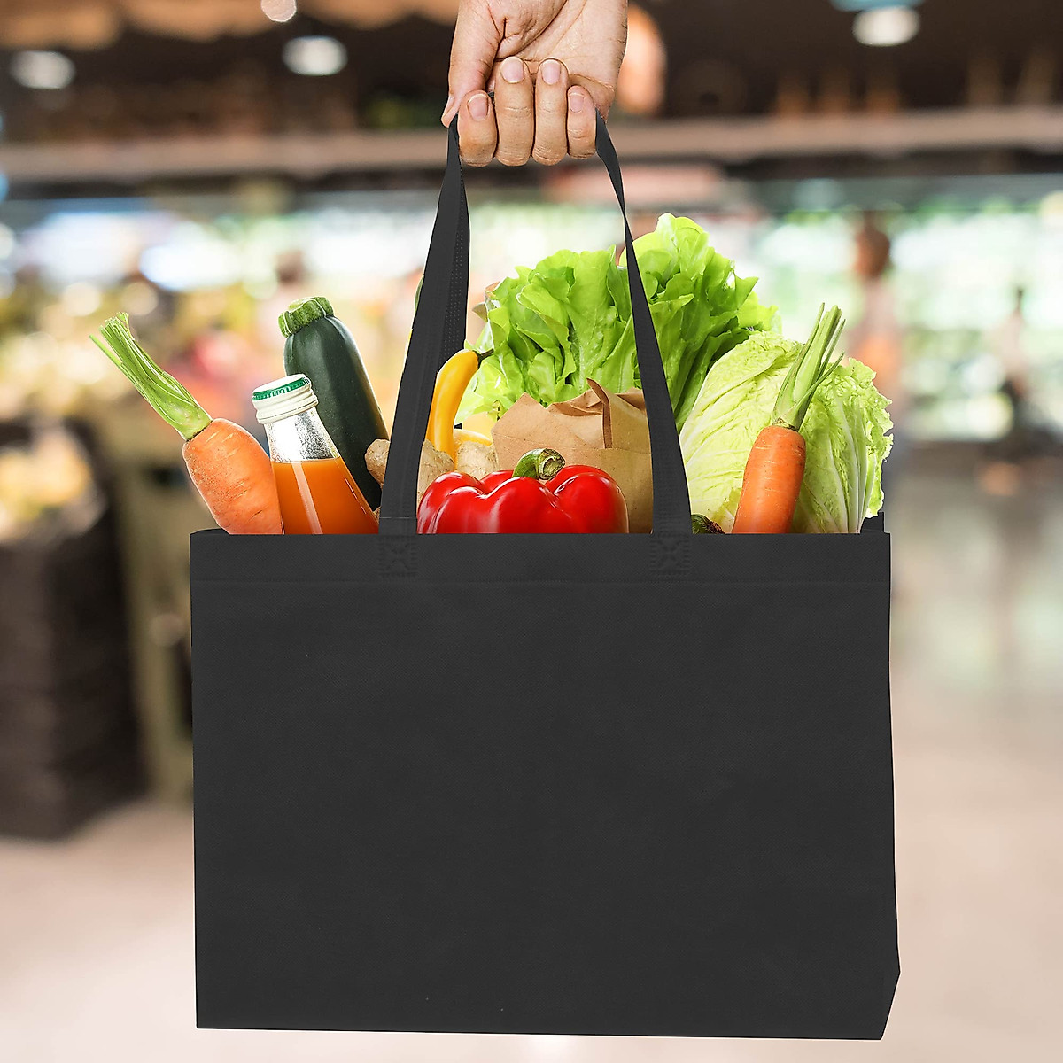 ZENPAC Black Reusable Gift Bags with Handles, Large Canvas Fabric Tote for Small Business, Retail, Grocery, Merchandise, Holidays Bulk, 16x6x12 12 Pack