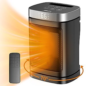 Small Portable Space Heater for Indoor Use - with 70°Rotating Feature, JIBUFI 1500W PTC Electric Heater, Rapid and Safe Heating, Remote Control, 1-12 Hr Timer for Bedroom, Office