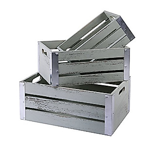 Vintage Wood Crates for Storage with Metal Trims (Set of 3, Light Green): Versatile Wooden Storage Boxes with Handles, Farmhouse Wooden Crates for Rustic Décor, Coutnry Style Boxes for Centerpieces