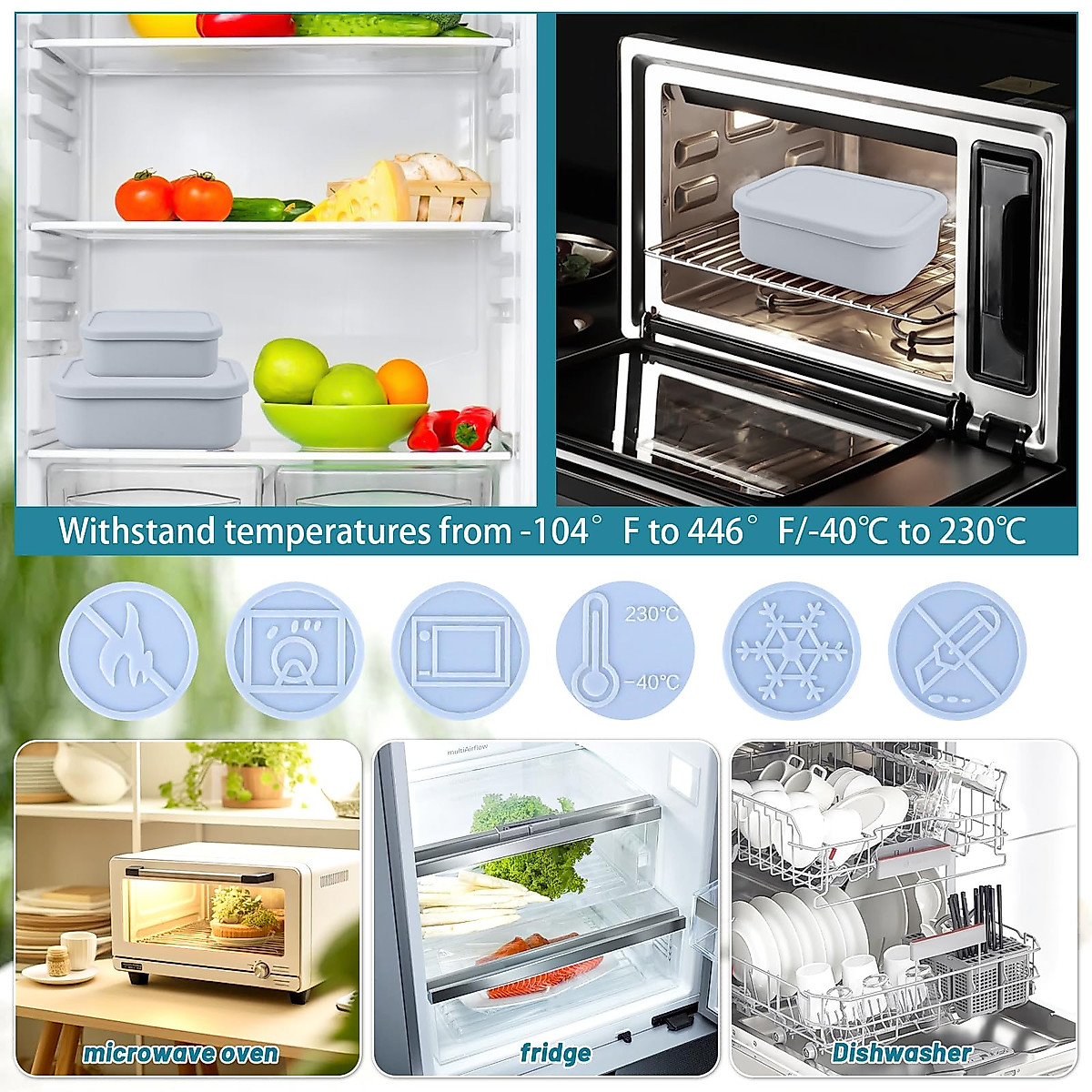 LeonBach Silicone Food Storage Containers, Set of 3 Rectangular Silicone Bento Lunch Boxes with Lids, Leak Proof, Dishwasher, Microwave, Freezer Safe (10oz, 24oz, 44oz)