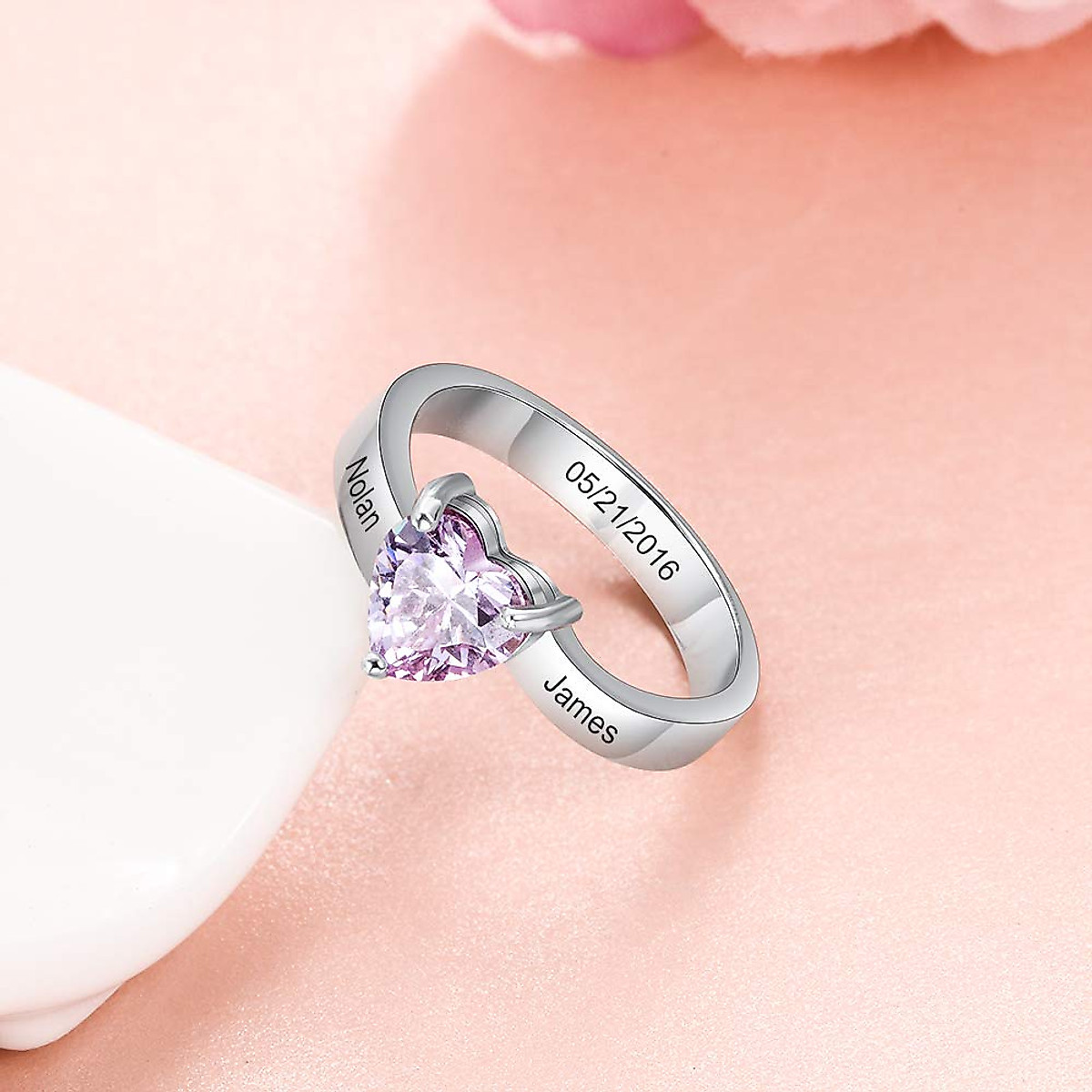 GLAMCARAT Personalized heart sterling silver ring mother’s jewelry with 1 birthstone heart shape engraved customized name birthstone ring with 1 stone