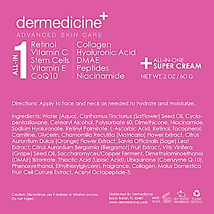 All In One Super Anti-Aging Cream for Face with Retinol, Vitamin C, Stem Cells, Vitamin E, CoQ10, Collagen, Hyaluronic Acid, DMAE, Peptides, Niacinamide for More Youthful Looking Skin 2oz