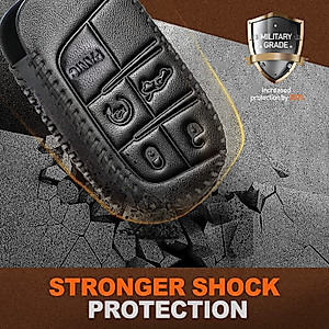 Slohif Leather Key Fob Cover Accessories for Jeep for Grand Cherokee Renegade Chrysler 200 300 Dodge RAM Durango Challenger Journey Dart Fiat 5 Buttons, Leather Case+D-Ring+Hook(Black)