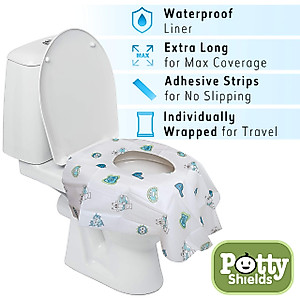 Potty Shields Toilet Seat Covers Disposable (12 Pack) - XL Waterproof Toilet Cover for Toddlers, Kids & Adults - Portable & Individually Wrapped for Travel, Potty Training, Vacations, Public Restrooms