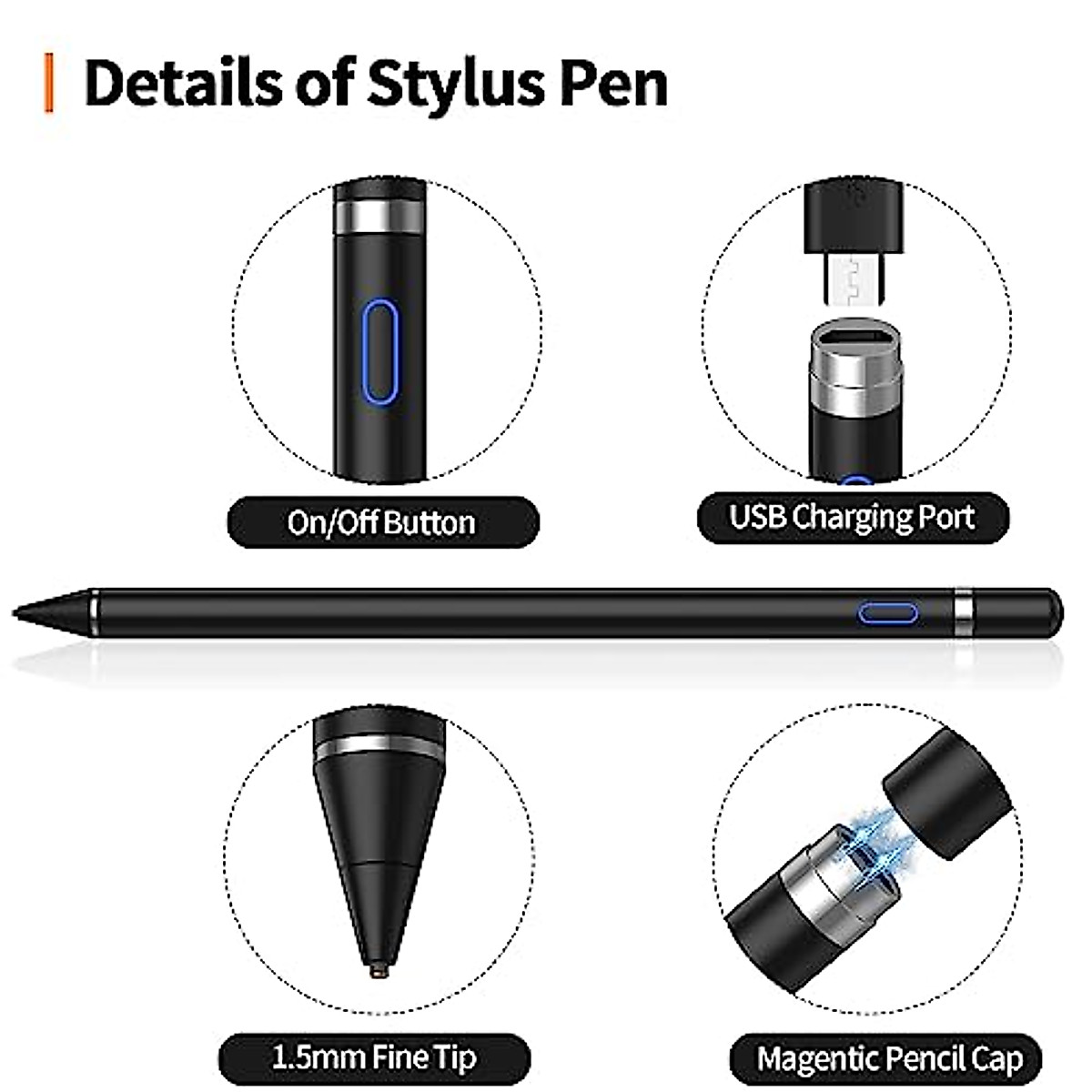 Stylus Pens for Touch Screens, Stylus Pen for iPad with Fine Point Tip & Magnetic Cap, Compatible with iPad, iPhone, Android, Tablet and Other Capacitive Touch Screen for Drawing (Black)
