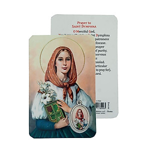 VILLAGE GIFT IMPORTERS Holy Figure Prayer Card with Medal | Saint Prayer and Medal | 8 Figures (St. Dymphna)