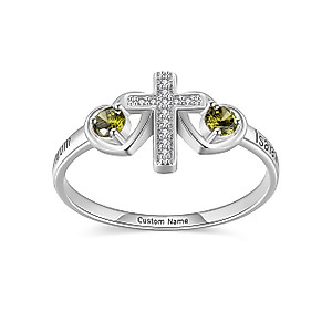 EBAT Mothers Day Ring With 2 Birthstones Mother Daughter Christian Jewelry Cross Rings for Women Birthstone Ring Heart Promise Personalized Engraved Custom Name Sterling Silver Best Friends (1)