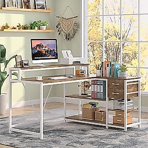 LITTLE TREE 55" L-Shaped Computer Desk, Reversible Home Office Desk with File Drawers and Monitor Stand, Gaming Desk Writing Study Table Workstation