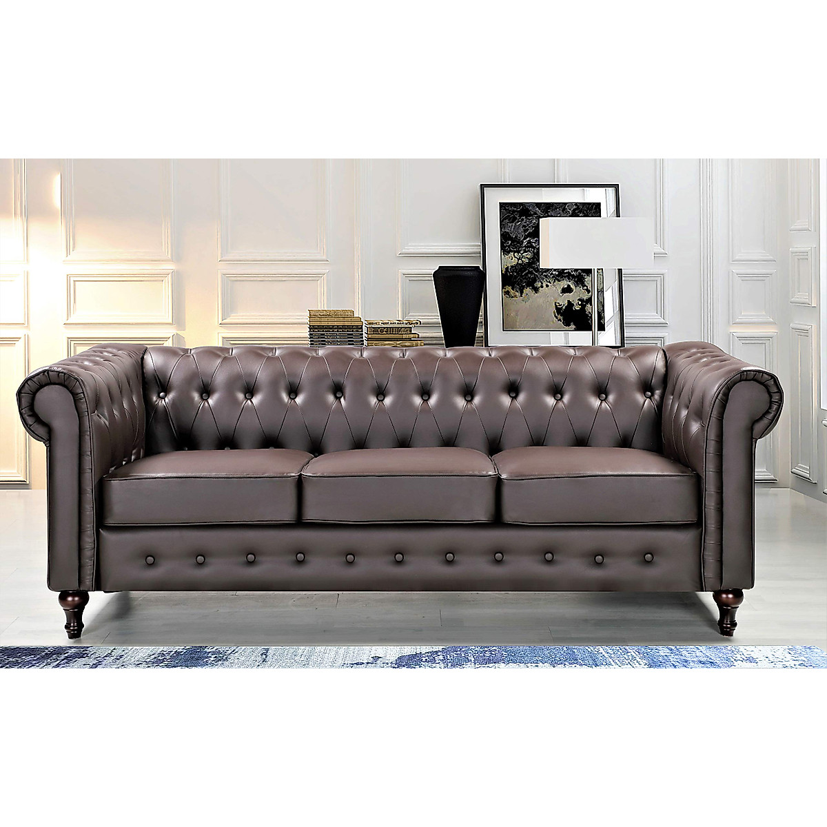 US Pride Furniture AS5684-S Alcoot Shana 82.3" Wide Tufted Faux Leather Round Arm Chesterfield Sofa, Brown