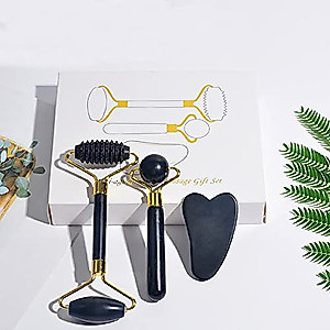 NuAngela Jade Roller 100% Real Jade Gua Sha Tool, Facial Eyes Treatment Pens And Rollers, Face Body Massage Board, Anti Aging Skin Care Tools For Women and Men, Beauty Ice Massager For Muscle, Neck, Arm (Massage Set Black)