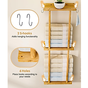 Cozivolife Towel Rack Bamboo for Bathroom, 3 Tier 32.7 inch with 2 Hooks and Shelf Wall Mounted Towel Storage Organizer Shelf, Large Capacity Towel Holder (Natural)