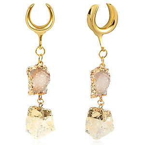 Earblity 10mm (00g) Natural Stone Dangle Saddle Ear Plugs Tunnels Weights Gold Hypoallergenic Stainless Steel Flesh Piercing Ear Gauges Expander For Women Body Jewelry 2PCS