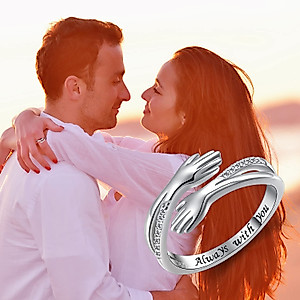 Hug Ring, S925 Sterling Silver Hugging Hands CZ Open Ring Engraved Always with You Embrace Statement Promise Anniversary Ring