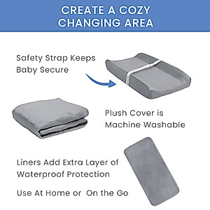 Delta Children 7-Piece Essential Changing Table Set - Newborn Baby Gift Set for Boys and Girls – Set Includes Changing Pad, Plush Changing Pad Cover, 3 Changing Pad Liners and 2 Storage Bins, Grey