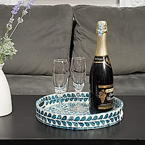 CLAYNIX Serving Tray 12.5 Inch, Lacquer Mother of Pearl Inlay Mosaic Tray, Round Wooden Marble Tray with Handles Trays for Tea, Breakfast (Leaf Style)