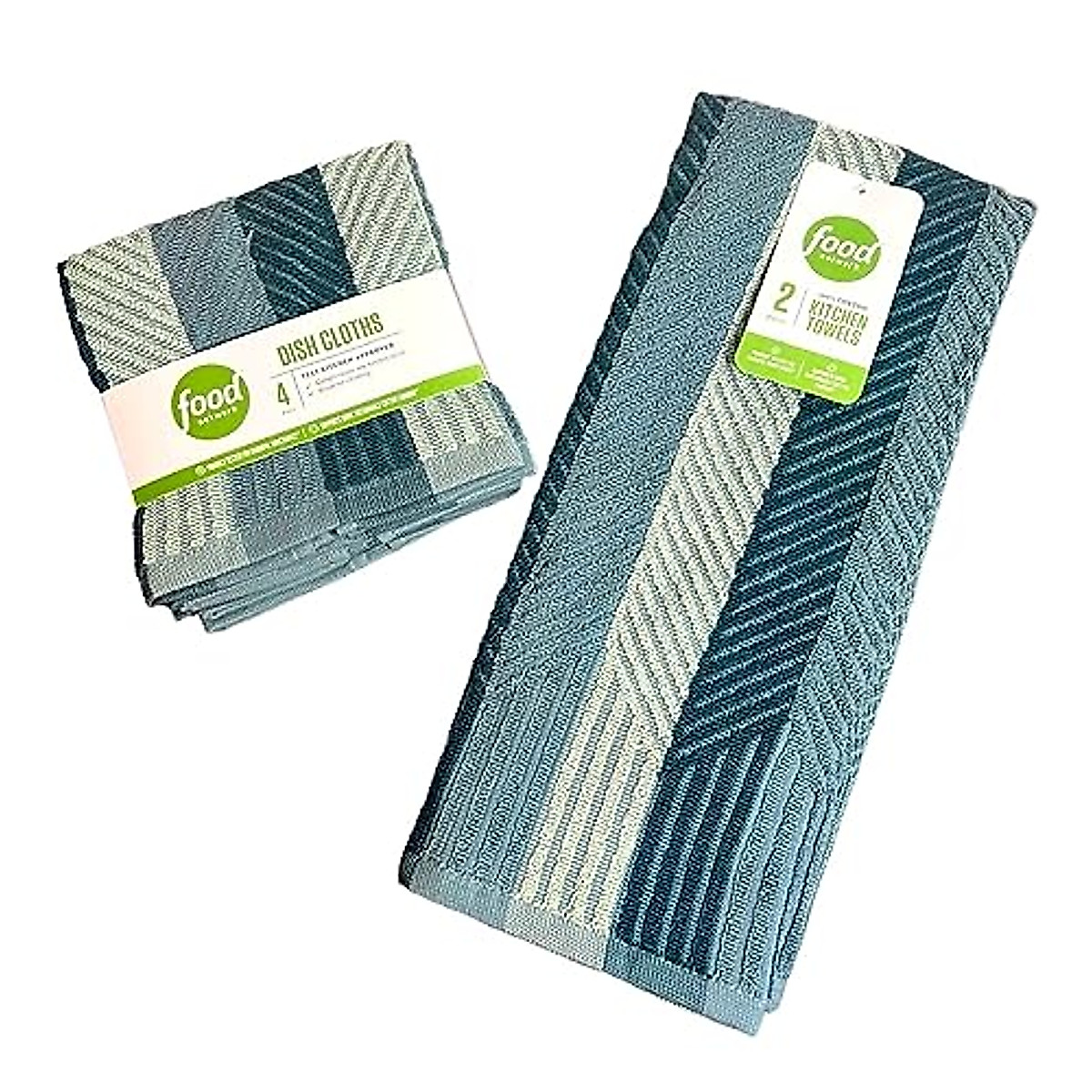 Food Network Kitchen Towel Set Featuring 2 Aqua Stripe Kitchen Towels and 4 Matching Dish Cloths