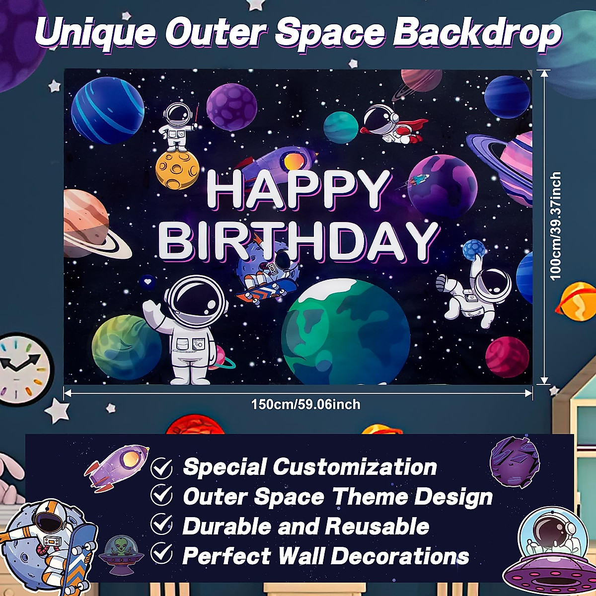 HJINGY Outer Space Party Decorations, Space Themed Party Supplies Include Space Balloons, Backdrop, Galaxy Banner, Hanging Swirls, Tablecloth, Plates, Cups, Cake Toppers for Space Birthday Decorations