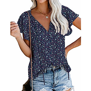 Casual Tops for Women Summer Short Sleeve V Neck Bohemian Ditsy Floral Shirts (Navy Blue,XL)
