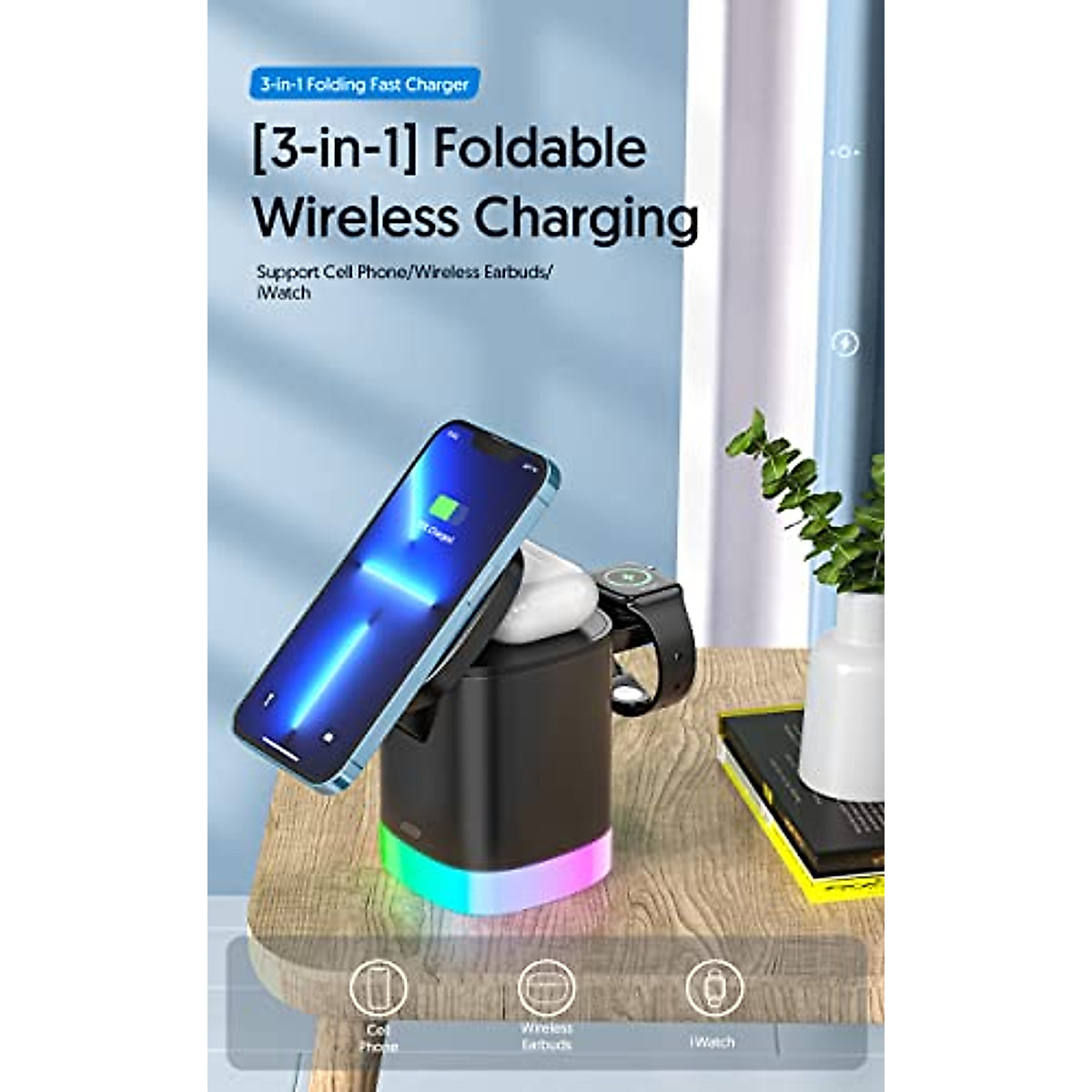 Magnetic Wireless Charging Station for Apple Series,3 in 1 Faster Mag-Safe Wireless Charger Stand for iPhone 14/13/12 Series/iPhone11/Samsung, Apple Watch Series and Airpods with QC3.0 Adapter