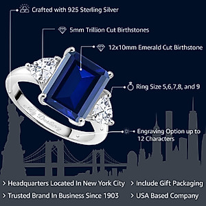 Gem Stone King 925 Sterling Silver Personalized Customized 12X10MM Emerald Cut and 5MM Trillion Cut Gemstone Birthstone 3 Stone Name Engraved Ring For Women (Size 6)